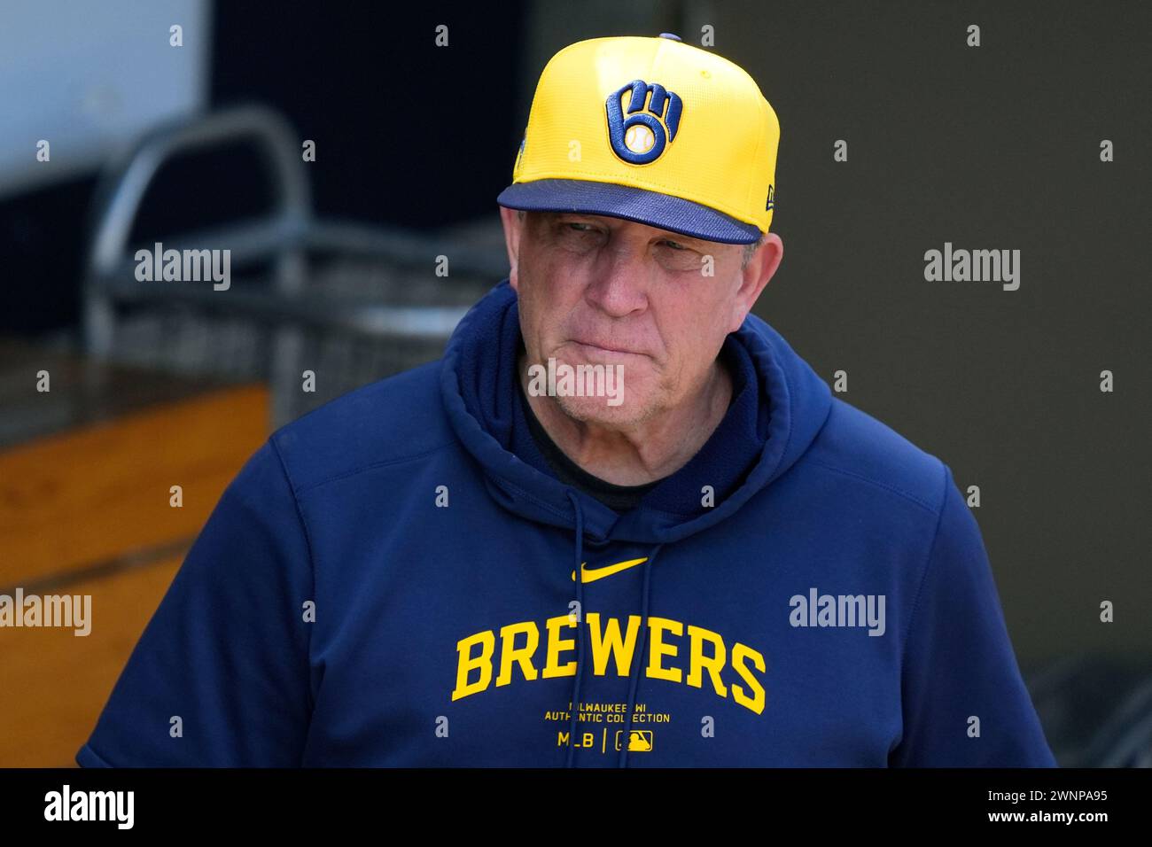 Milwaukee Brewers manager Pat Murphy pauses in the dugout prior to a ...