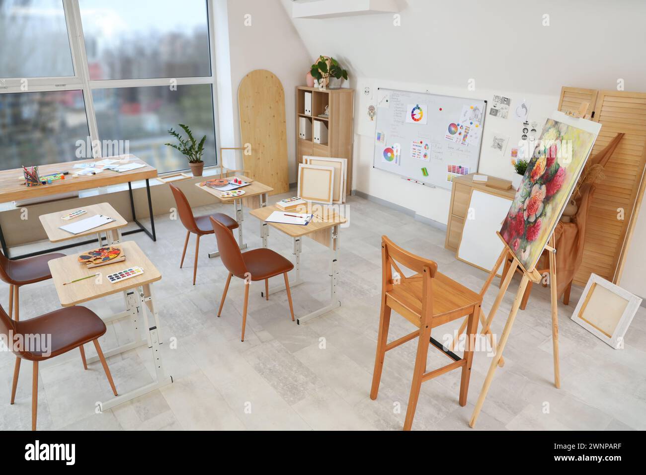 Interior of classroom with desks and whiteboard in art school Stock ...