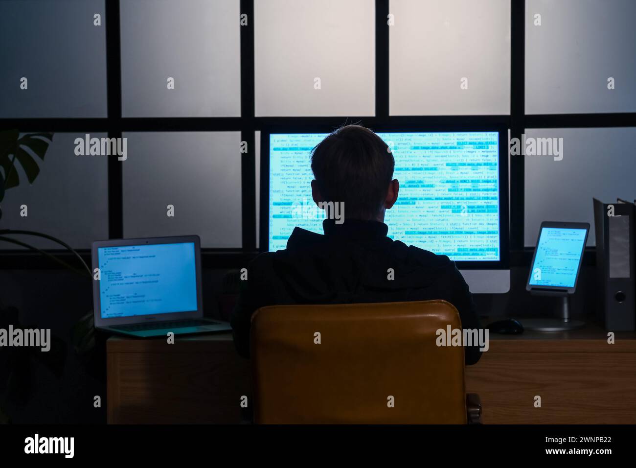 Hacker using computer at table in dark room, back view Stock Photo - Alamy