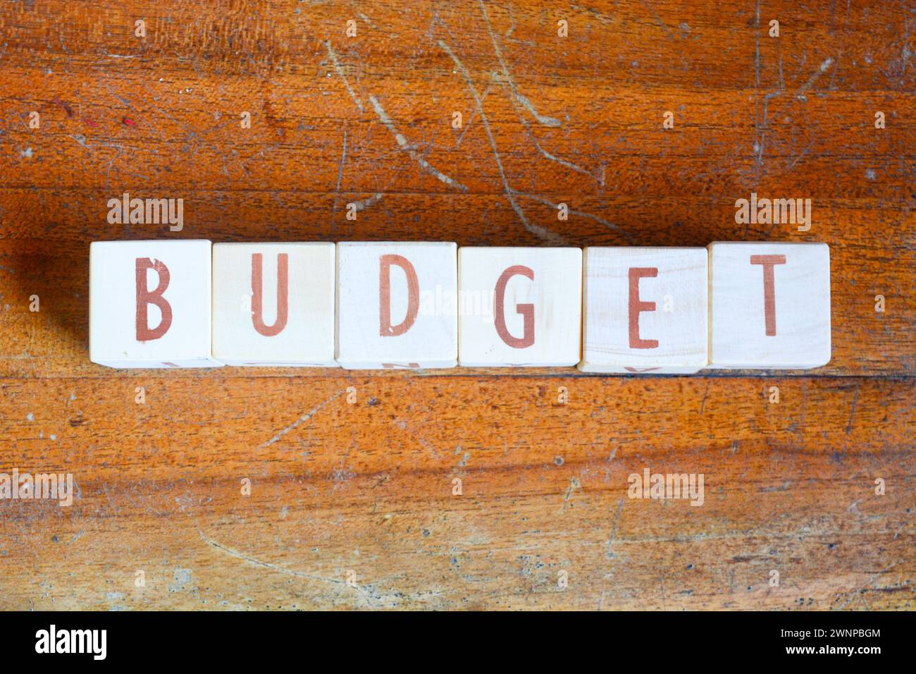 Photo of words with wooden block objects arranged into the word "BUDGET ...