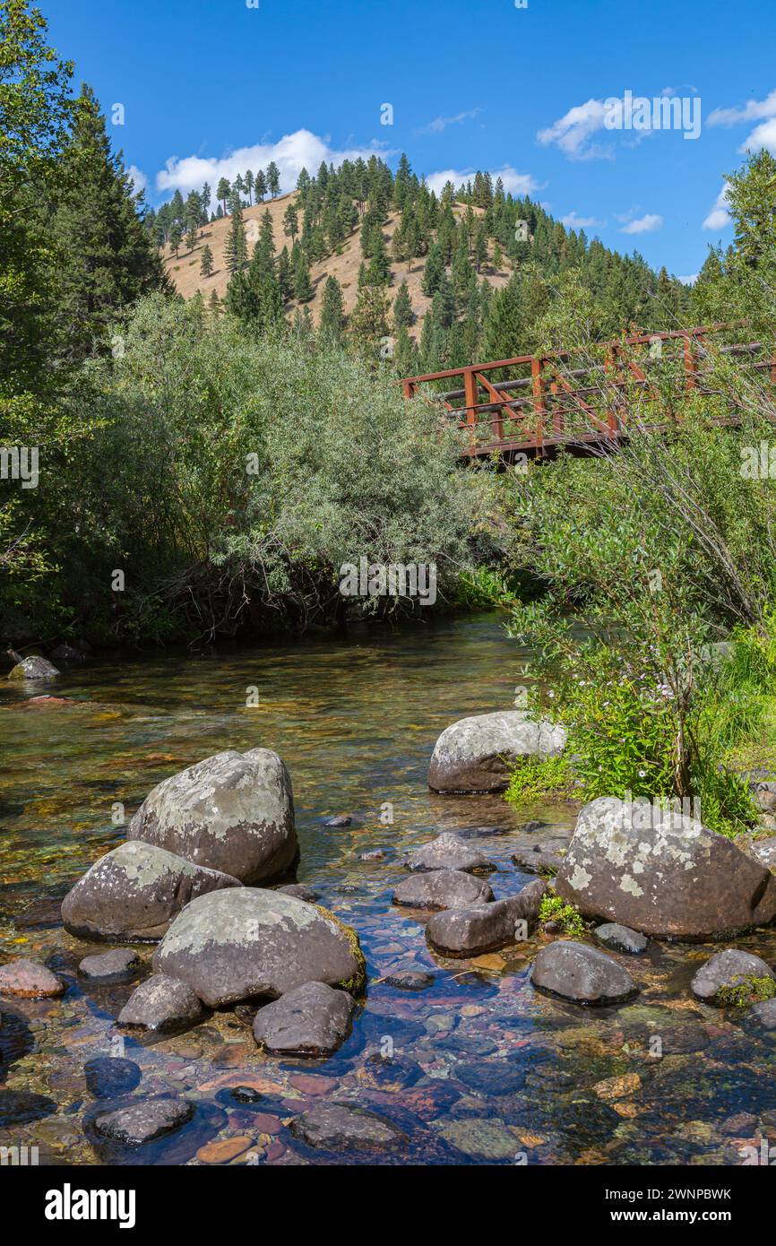 Pedestrian bridge crosses Rattlesnake Creek at the Lolo National Forest ...