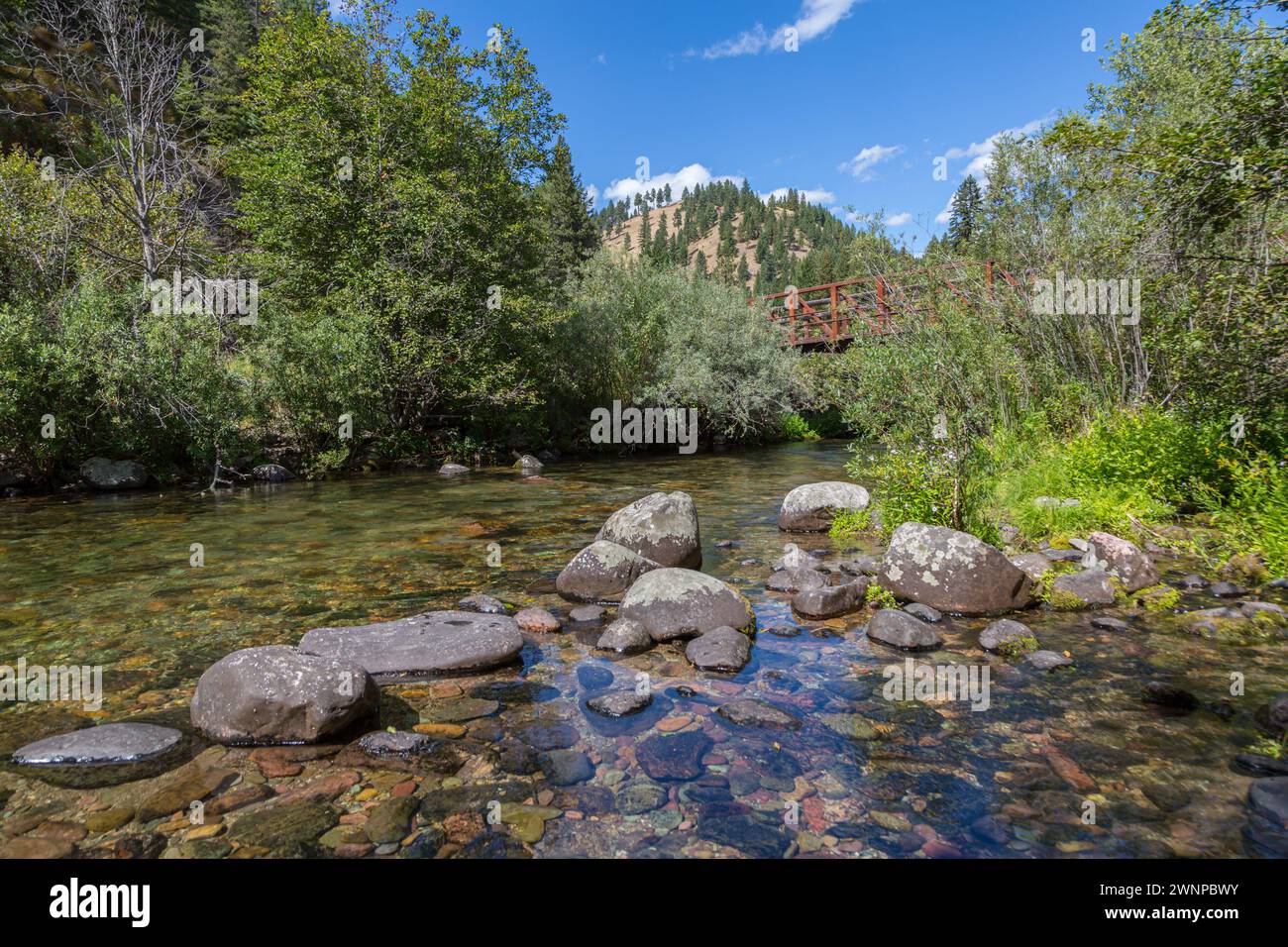Pedestrian bridge crosses Rattlesnake Creek at the Lolo National Forest ...
