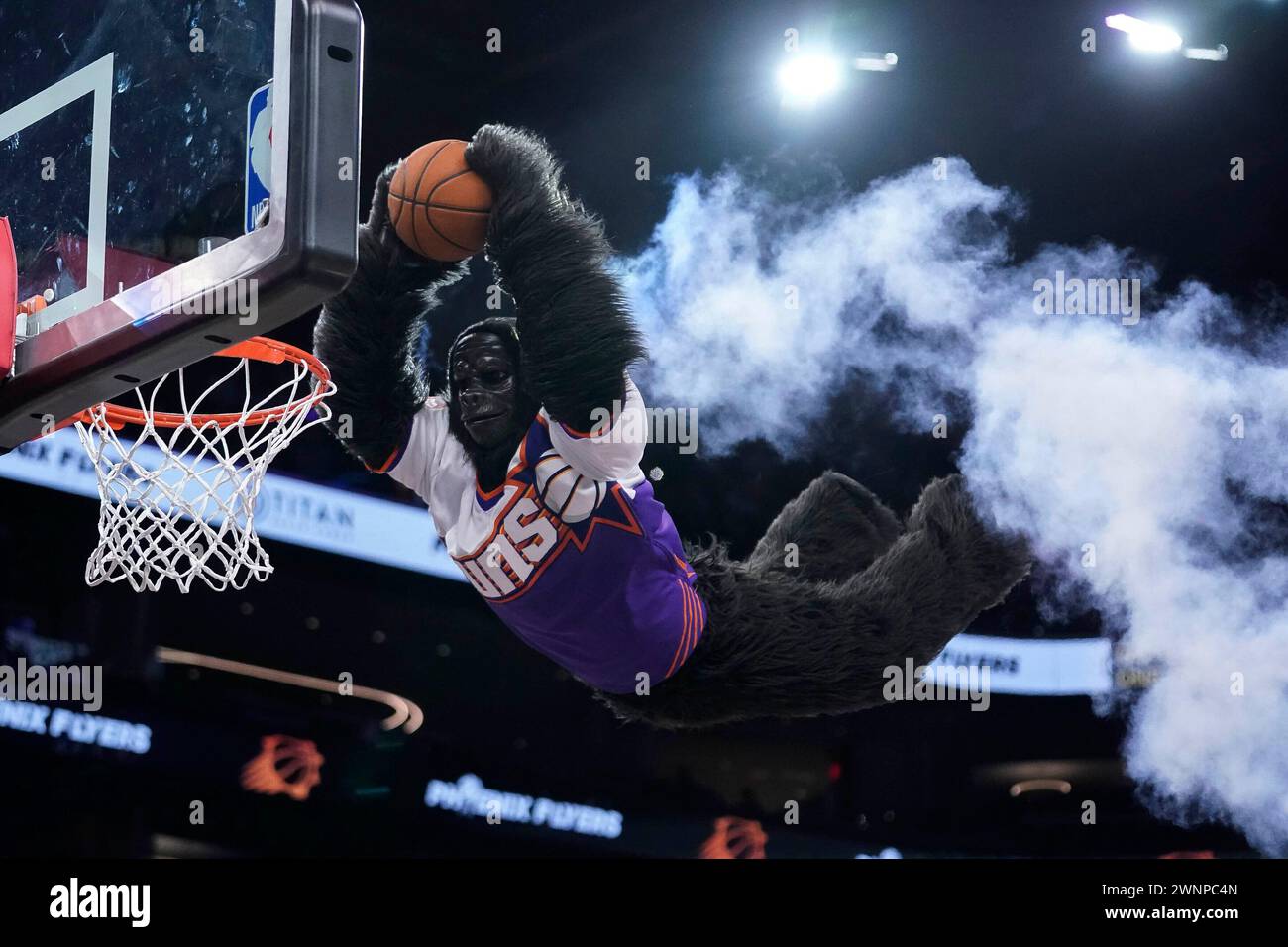 Phoenix Suns mascot The Gorilla dunks during a timeout against the ...