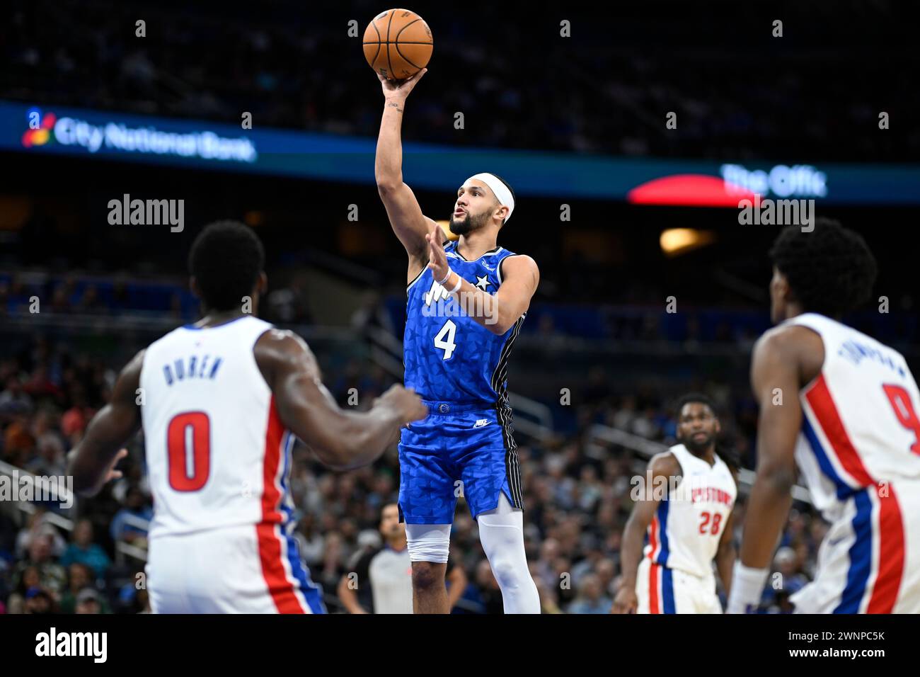 Orlando Magic guard Jalen Suggs (4) goes up to shoot as Detroit Pistons ...