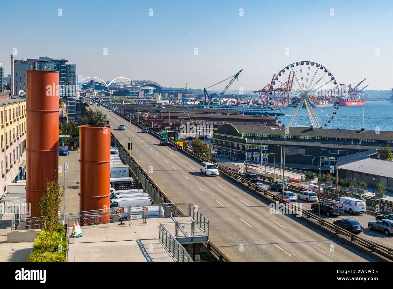 Waterfront District on Elliot Bay in Seattle, Washington Stock Photo ...