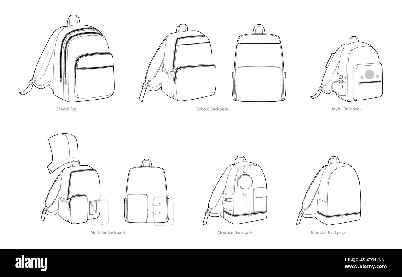 Set of School, Modular backpacks silhouette bag. Fashion accessory ...