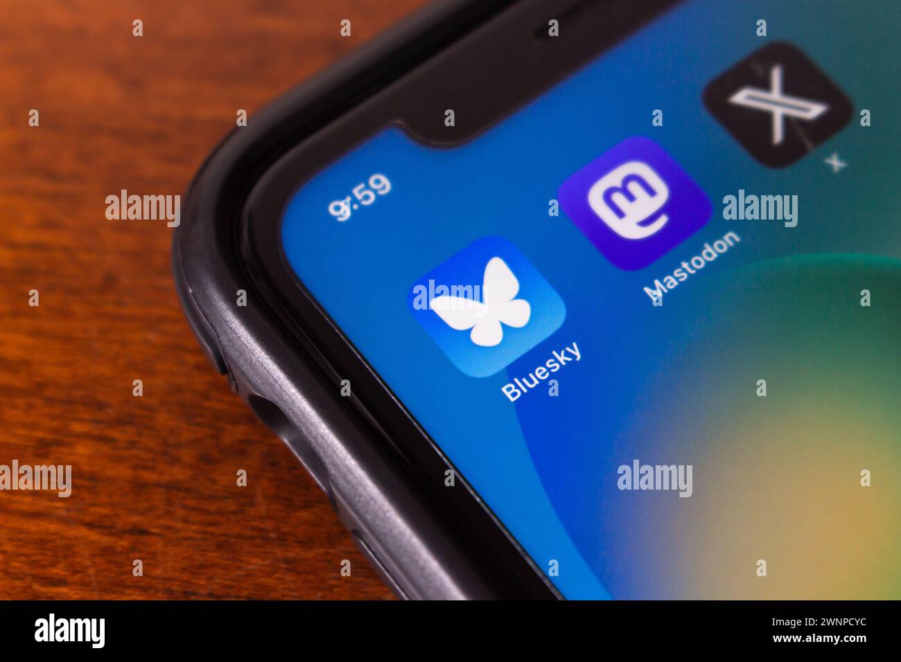 Vancouver, CANADA - Feb 28 2024 : Bluesky, Mastodon app and X app icons ...