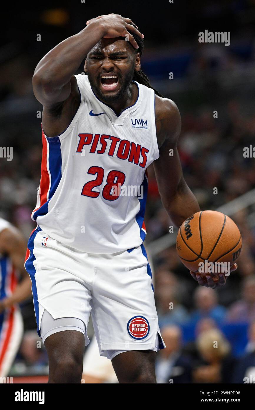Detroit Pistons center Isaiah Stewart (28) reacts after getting called ...