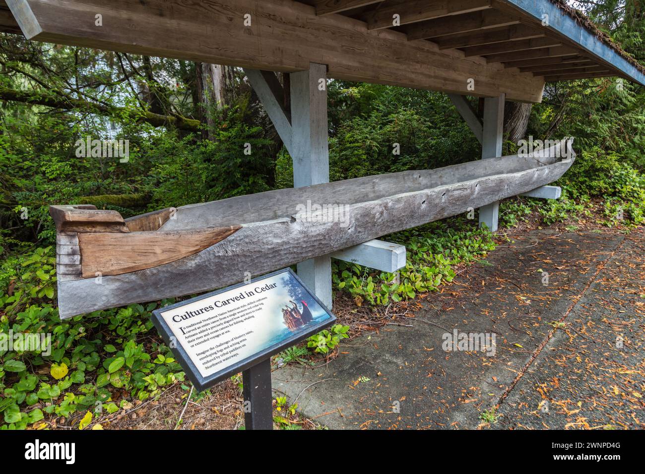 Display at Kalaloch Ranger Station shows a replica of a canoe carved ...