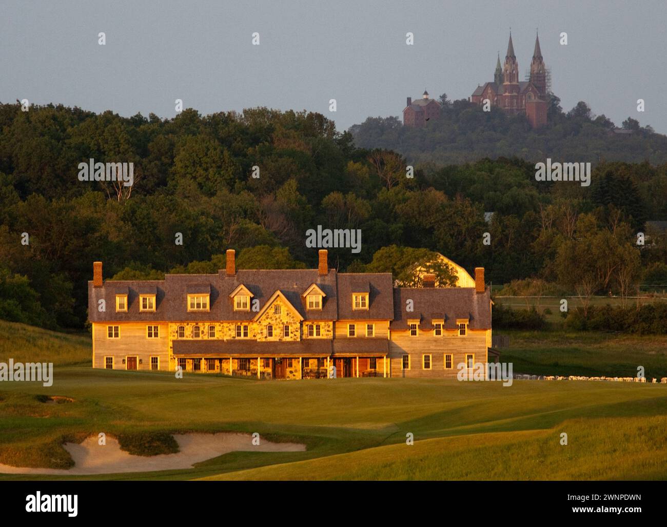 View of the Erin Hills Golf Course clubhouse from the 18th hole with ...