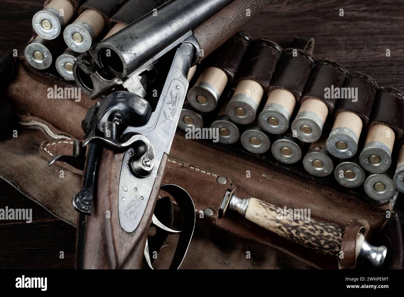 double barreled side shotgun with cartridges in bandolier on wooden ...