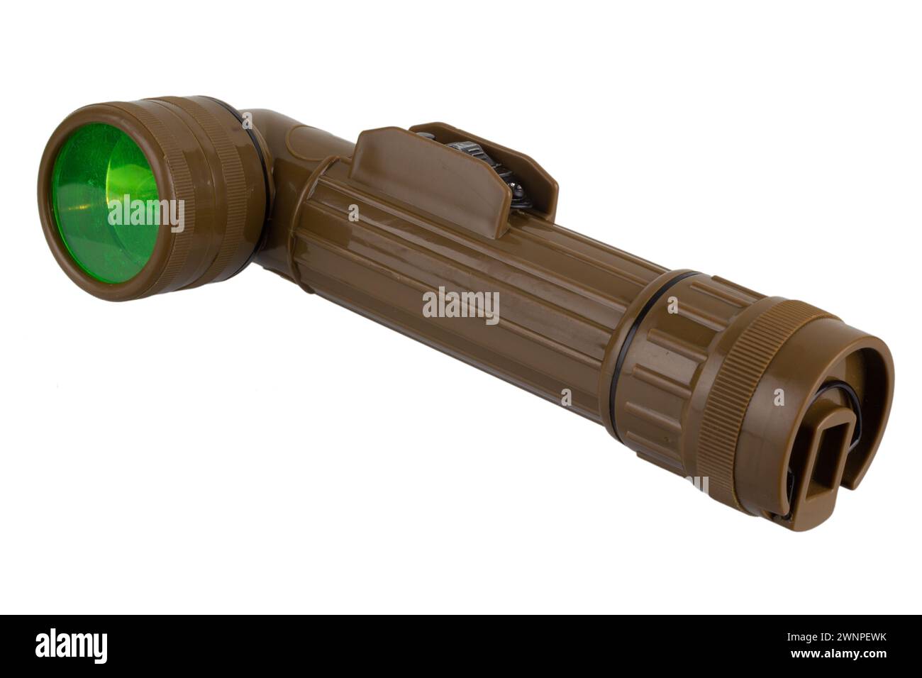 vintage military style flashlight with green light isolated on white ...