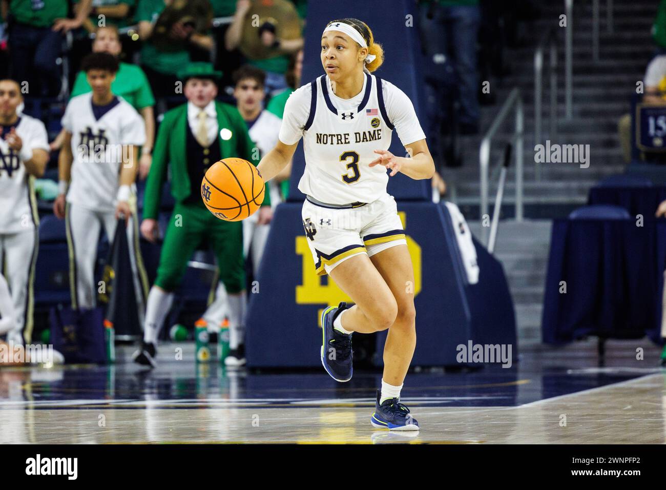 South Bend, Indiana, USA. 03rd Mar, 2024. Notre Dame guard Hannah Hidalgo (3) advances the ball ...