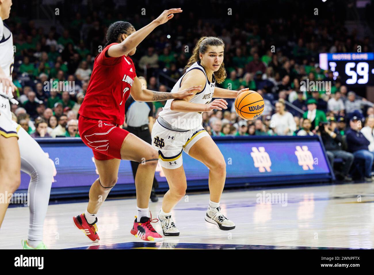 South Bend, Indiana, USA. 03rd Mar, 2024. Notre Dame forward Maddy Westbeld (21) drives to the ...