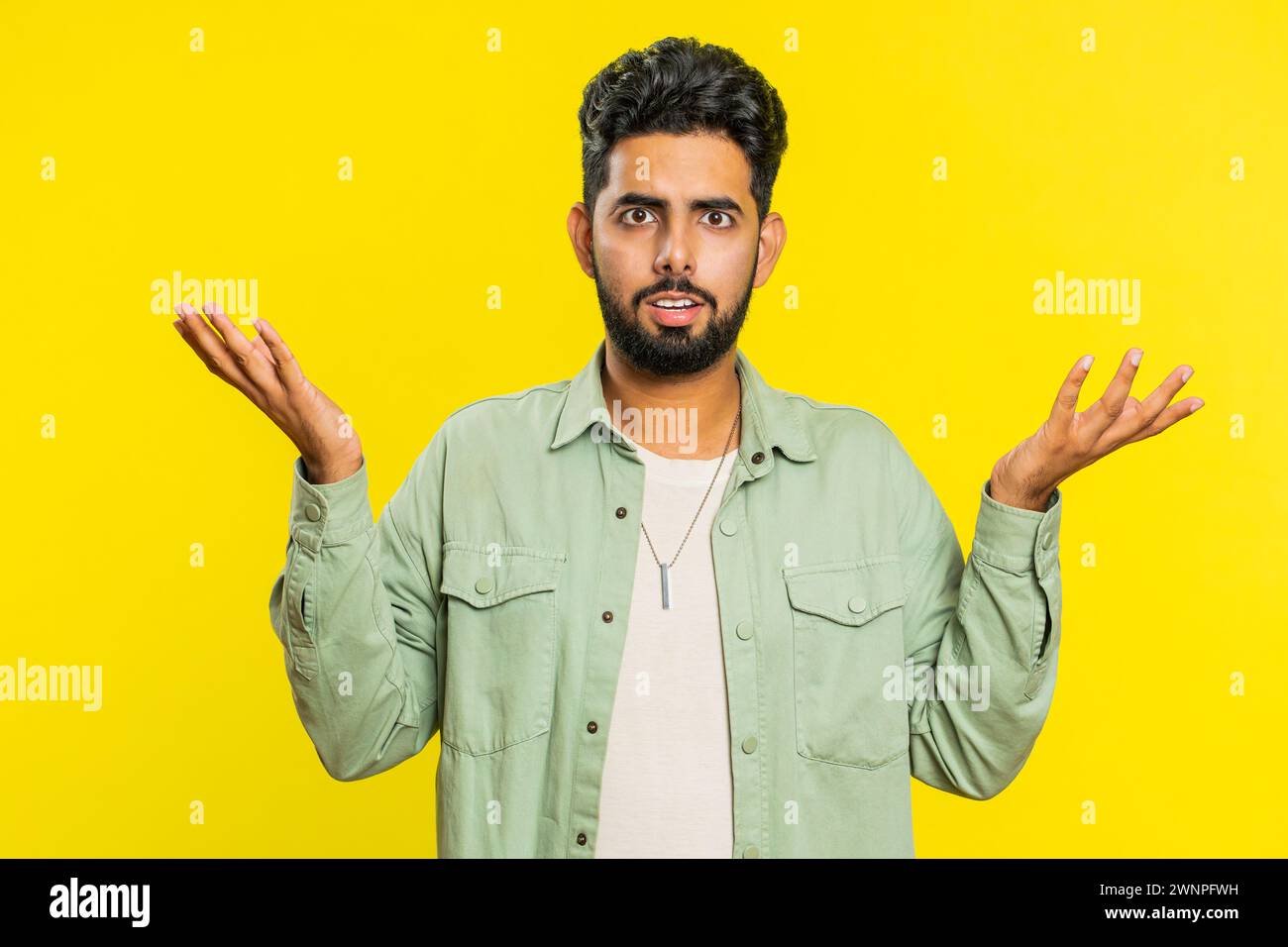 What. Why. Angry Indian man raising hands in indignant expression ...