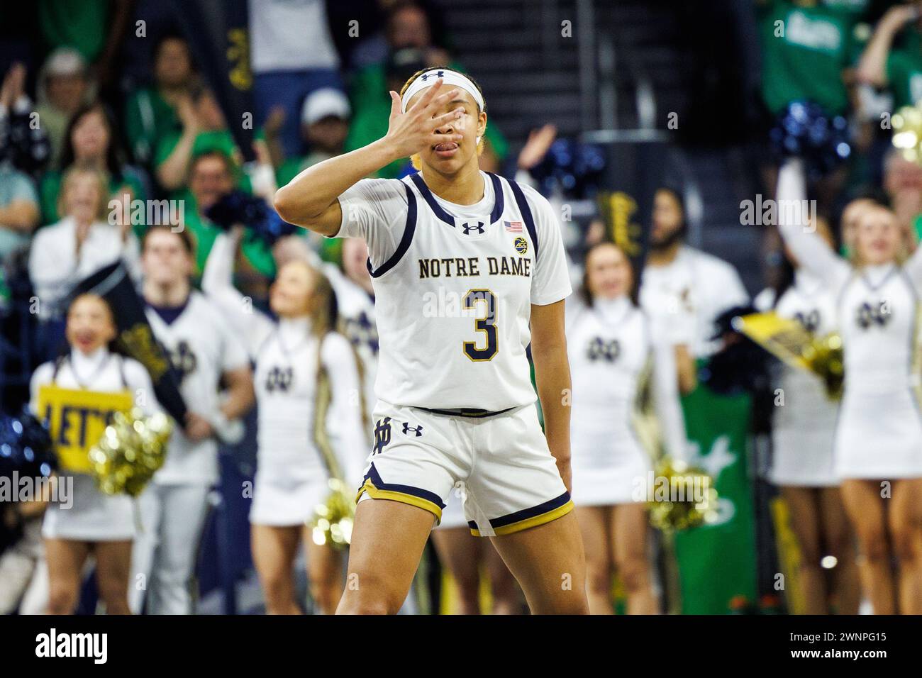 South Bend, Indiana, USA. 03rd Mar, 2024. Notre Dame guard Hannah Hidalgo (3) reacts during NCAA ...