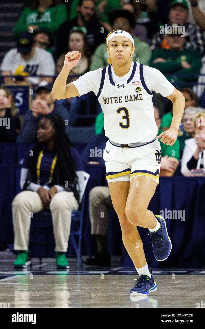 South Bend, Indiana, USA. 03rd Mar, 2024. Notre Dame guard Hannah Hidalgo (3) reacts during NCAA ...