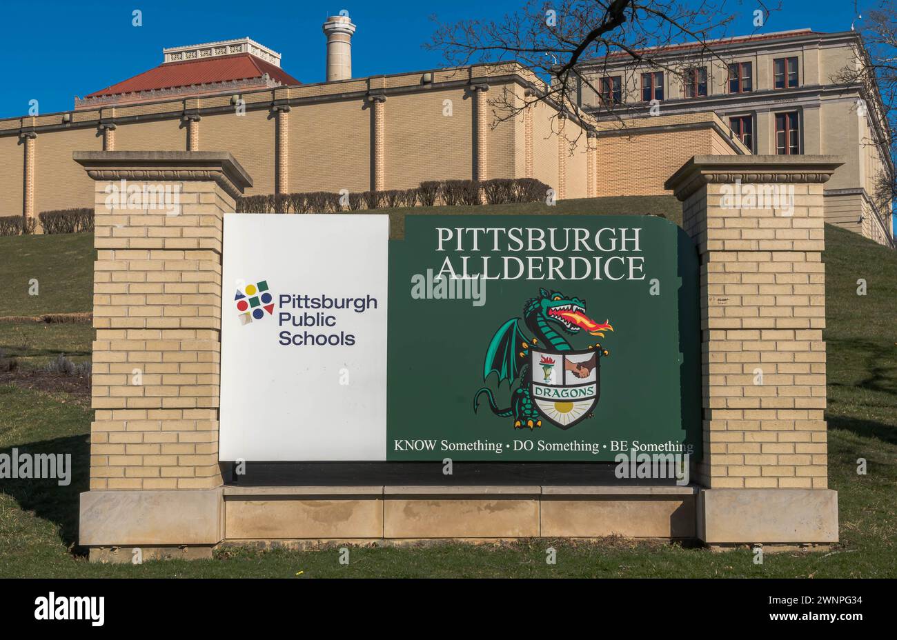 The sign for Pittsburgh Allderdice in front of the school in the ...