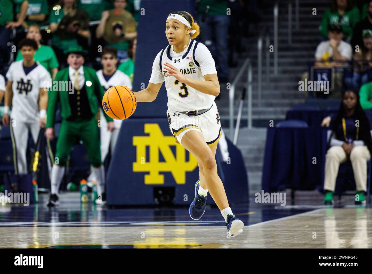 South Bend, Indiana, USA. 03rd Mar, 2024. Notre Dame guard Hannah Hidalgo (3) advances the ball ...