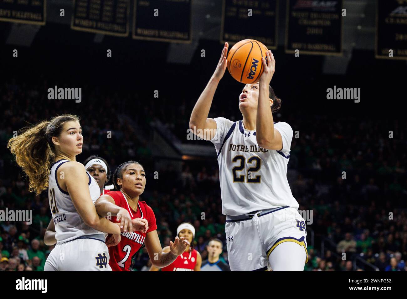 South Bend, Indiana, USA. 03rd Mar, 2024. Notre Dame forward Kylee Watson (22) goes up for a ...