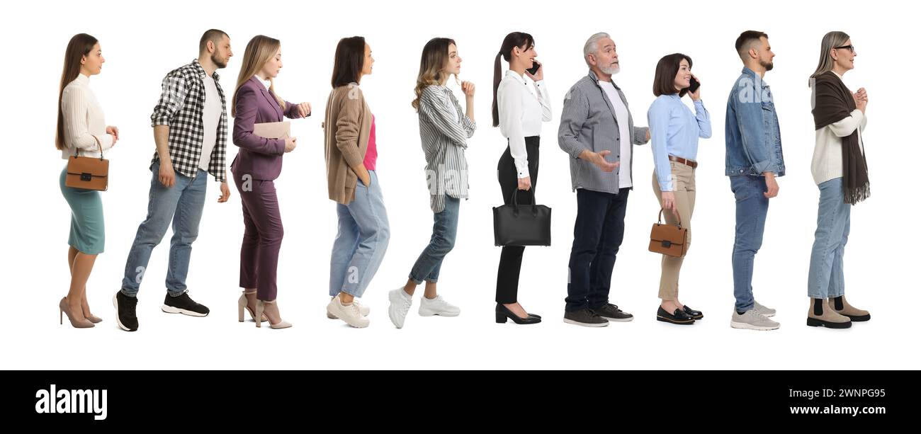 People waiting in queue on white background Stock Photo - Alamy