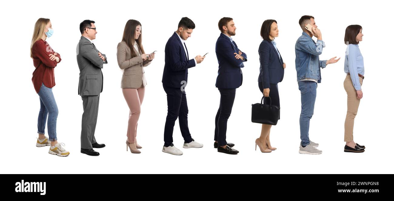People waiting in queue on white background Stock Photo - Alamy