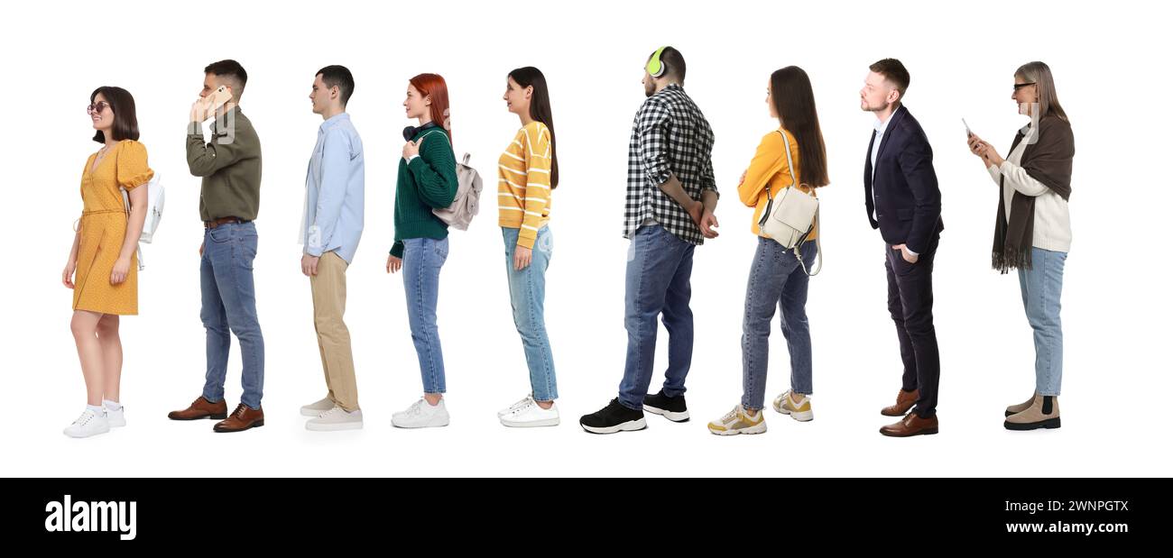 People waiting in queue on white background Stock Photo - Alamy