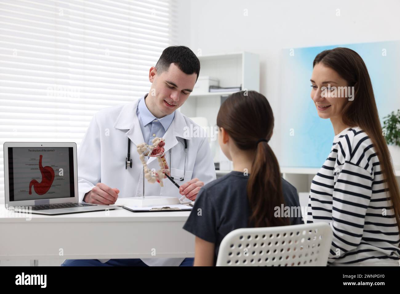 Gastroenterologist with model of intestine consulting woman and her ...