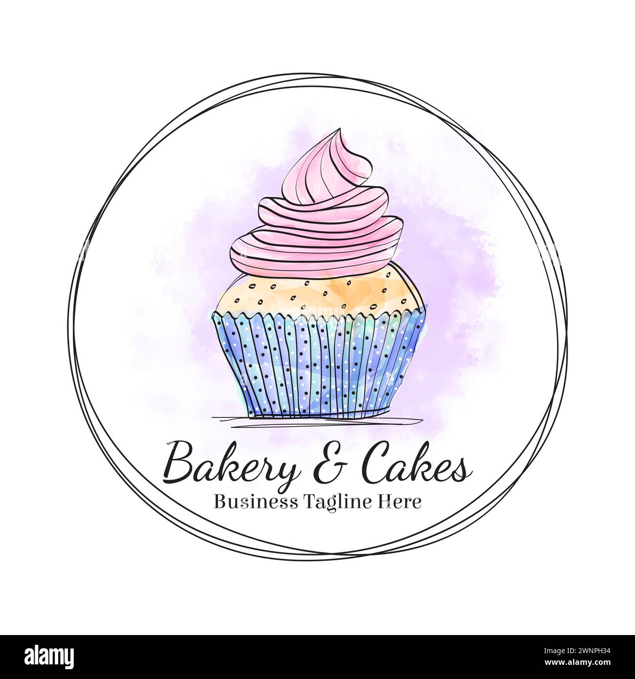Nice Round Cupcake Logo with in Hand Drawn Doodle Watercolor Style ...