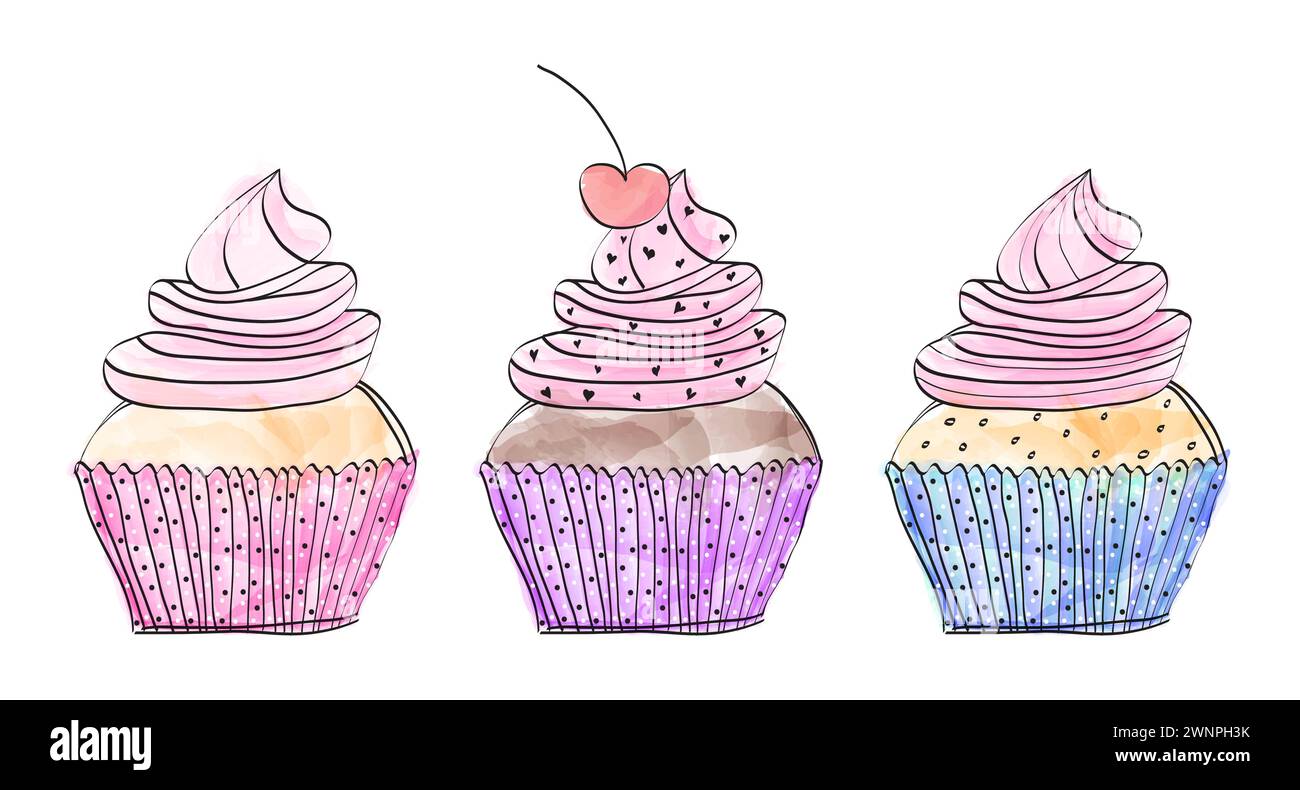 Beautiful Cupcakes Set or Muffin Collection in Colorful Watercolor Doodle Style on White ...