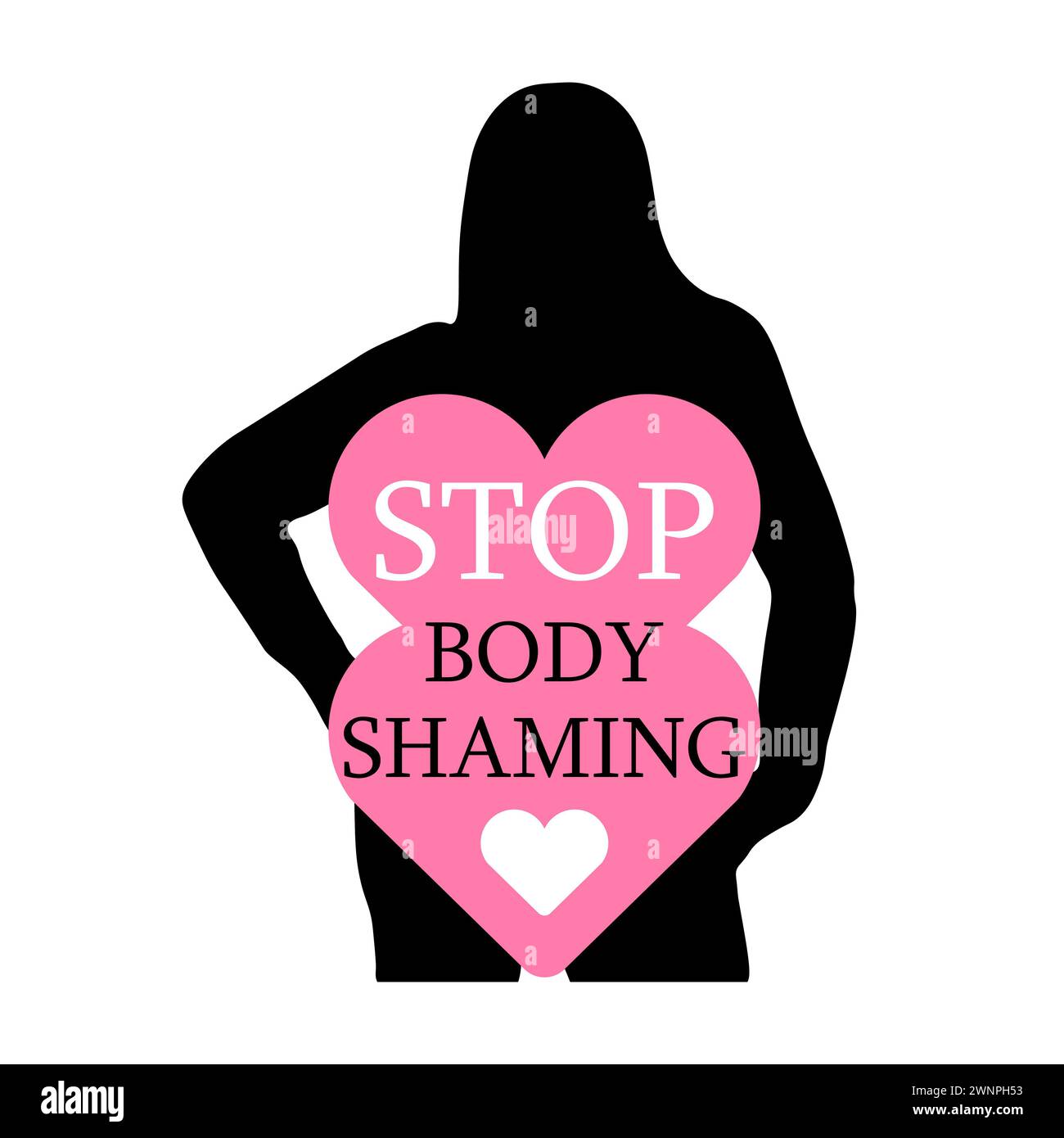 Silhouette of plus-size model in bodysuit with words Stop Body shaming and heart on white ...