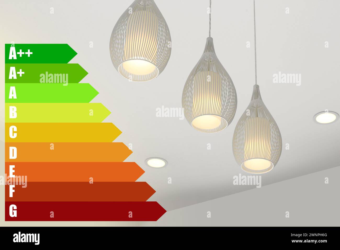 Energy efficiency rating label and pendant lamp on ceiling indoors ...