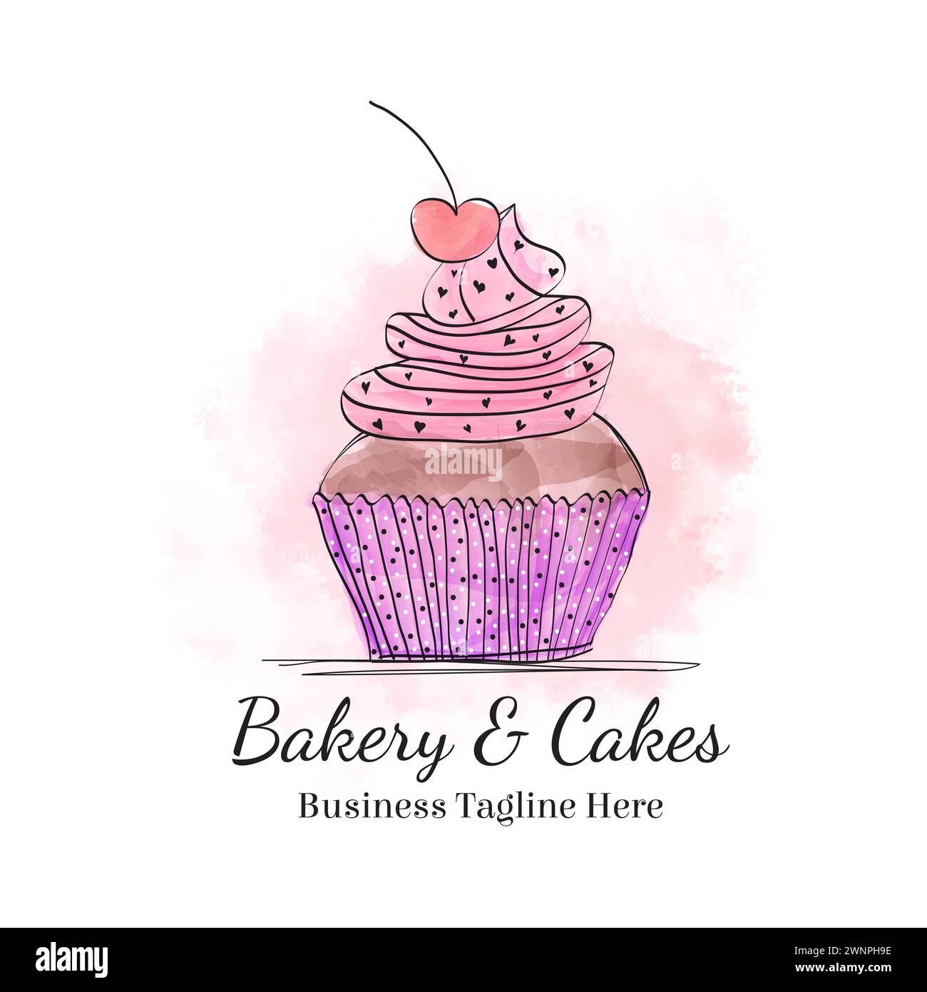 Beautiful Cupcake Logo with Cherry in Hand Drawn Doodle Watercolor ...