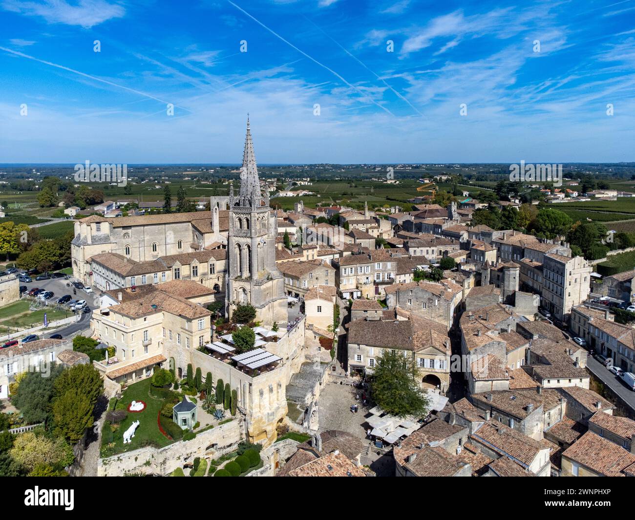 Aerial views of green vineyards, old houses and narrow hilly streets of ...