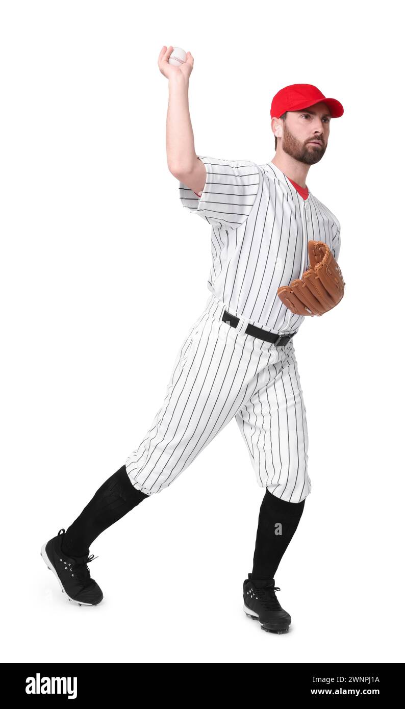 Baseball player throwing ball on white background Stock Photo - Alamy