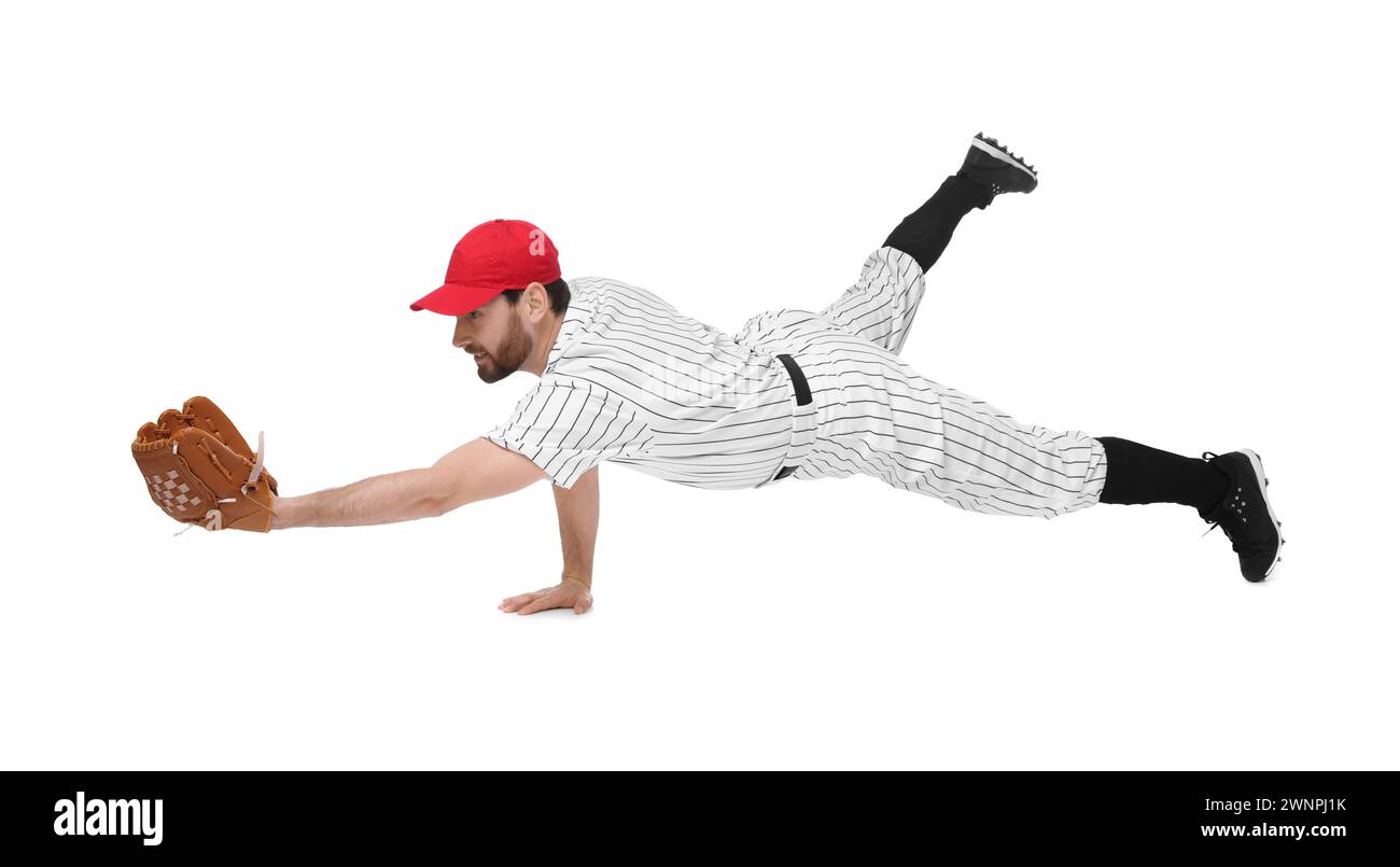 Baseball player catching ball on white background Stock Photo - Alamy