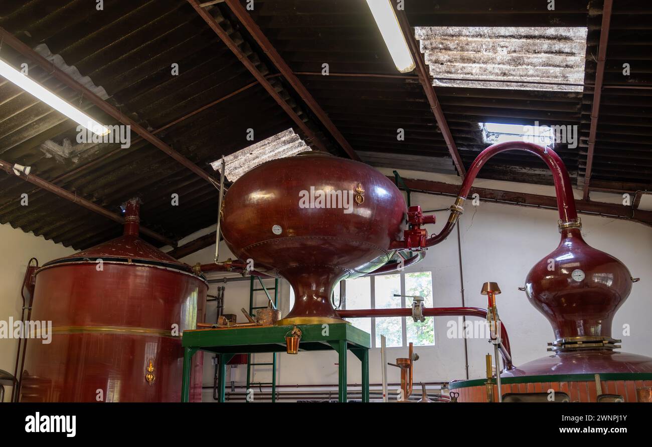 Double distillation process of cognac spirit in Charentias copper still ...