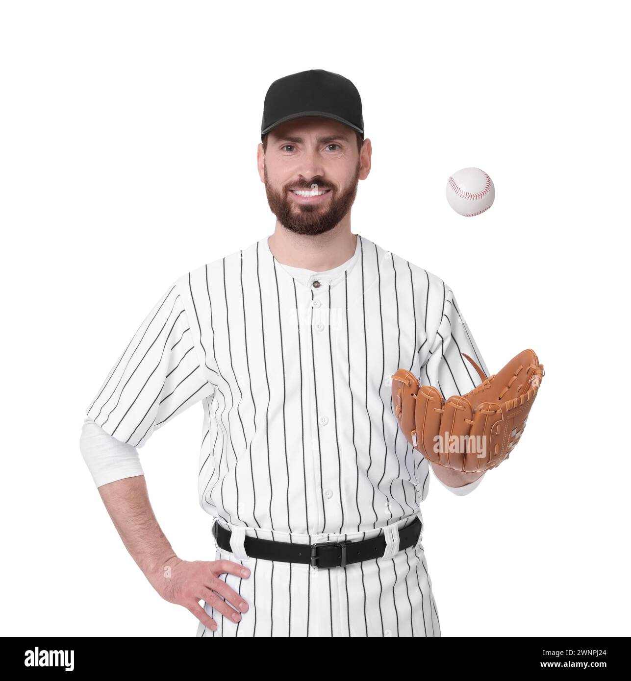 Baseball player catching ball on white background Stock Photo - Alamy