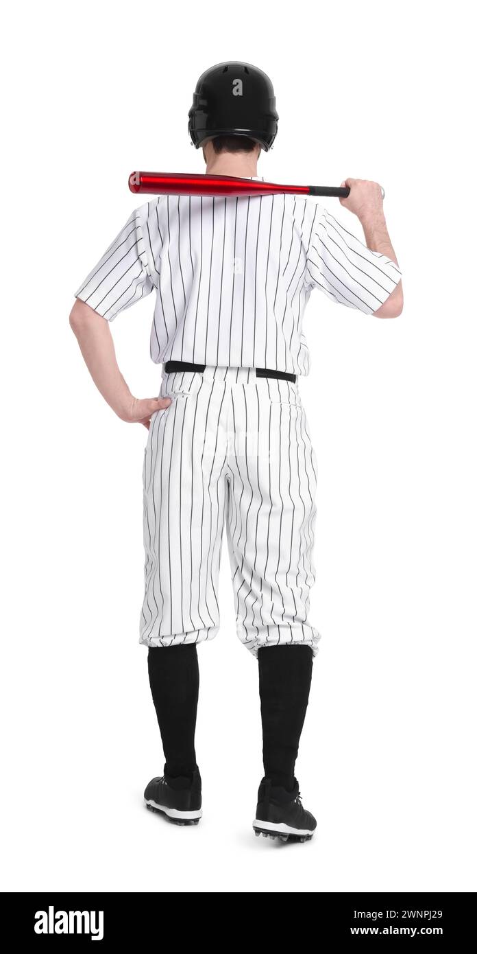 Baseball player with bat on white background, back view Stock Photo - Alamy