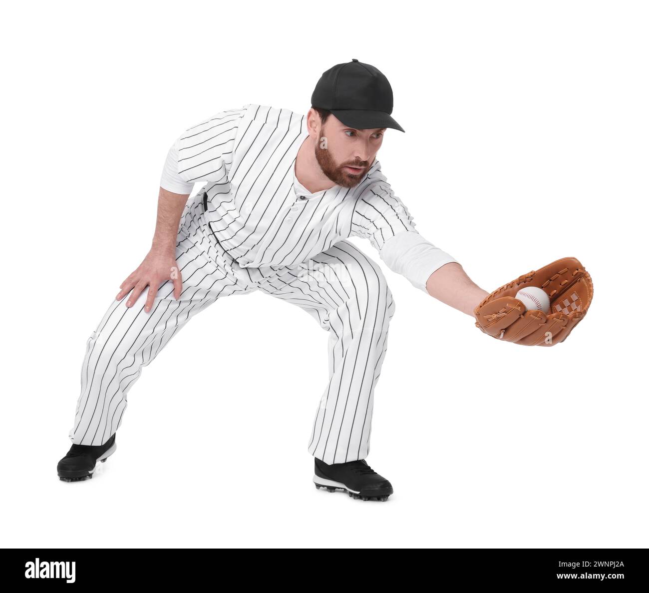 Baseball player catching ball on white background Stock Photo - Alamy