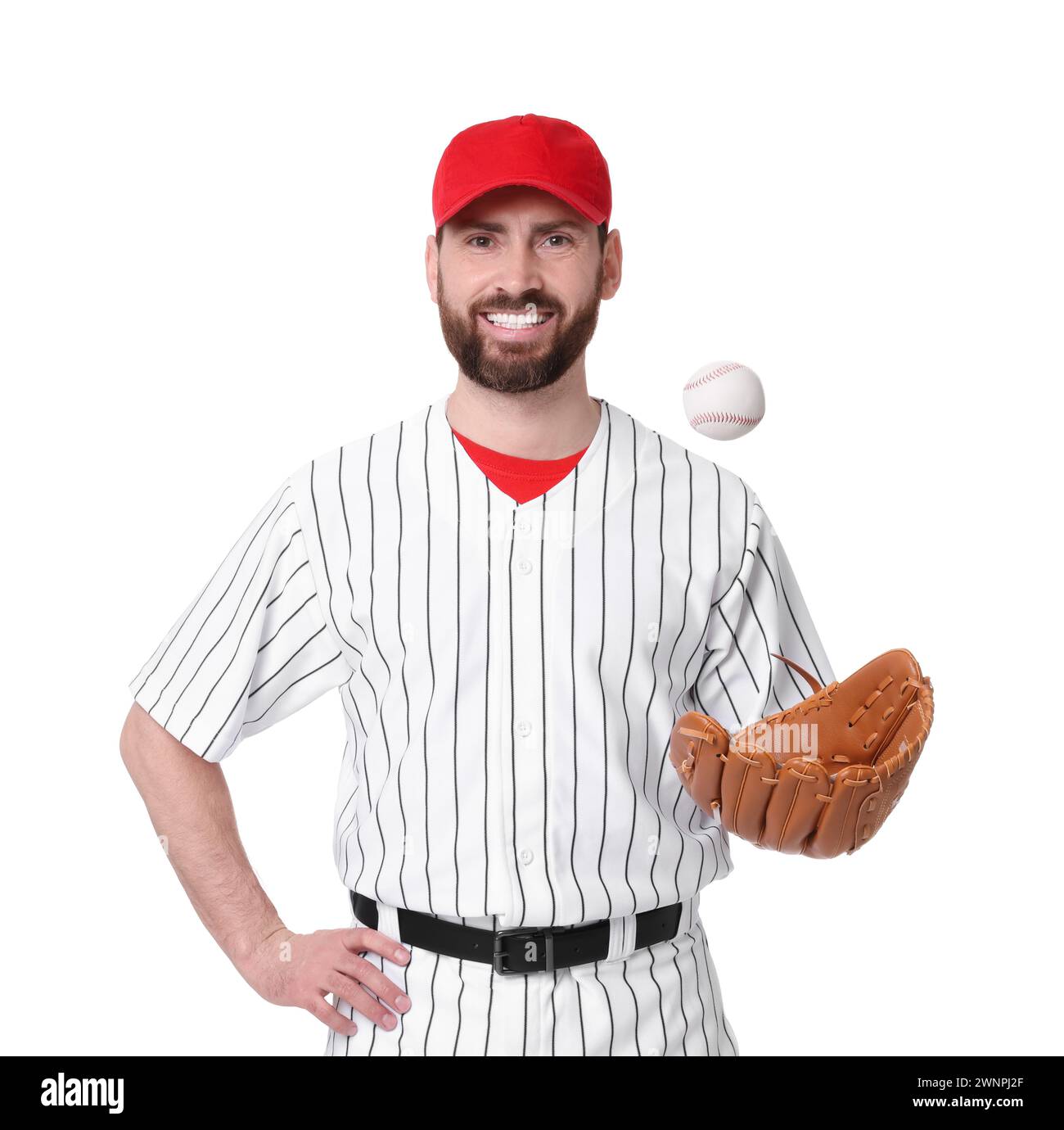 Baseball player catching ball on white background Stock Photo - Alamy