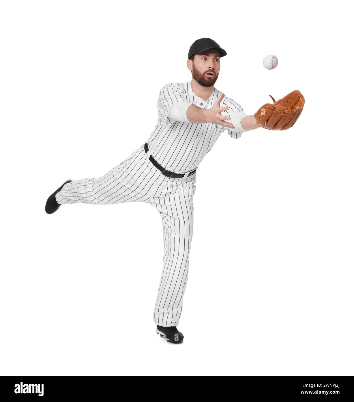 Baseball player catching ball on white background Stock Photo - Alamy