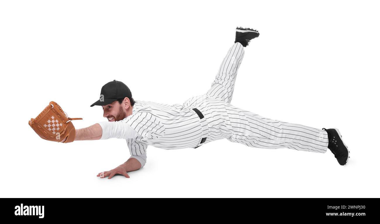 Baseball player catching ball on white background Stock Photo - Alamy