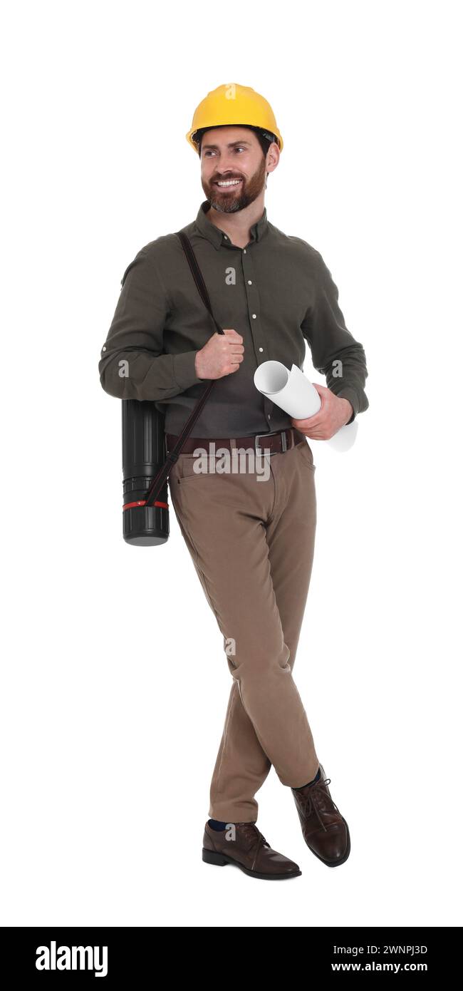 Architect in hard hat with drawing tube and draft on white background ...