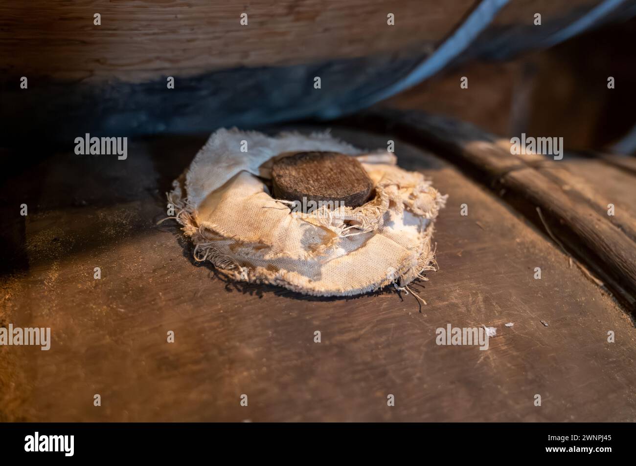 Aging process of cognac spirit in old dark French oak barrels in cellar ...