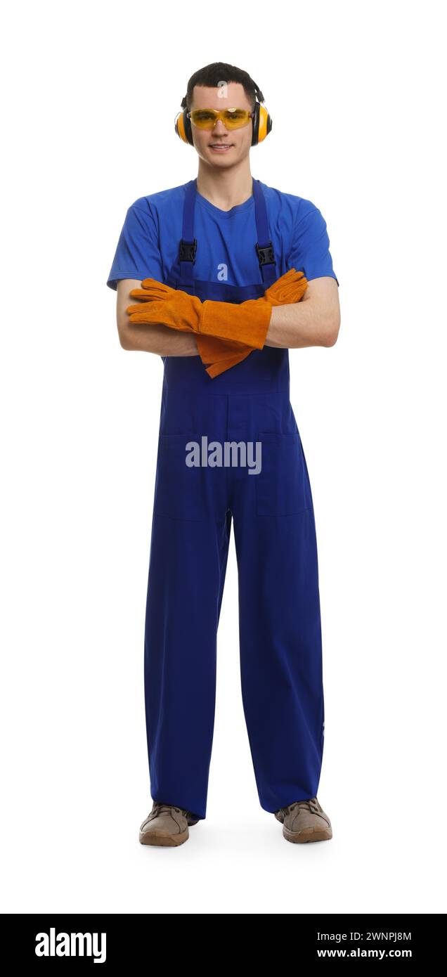 Young man wearing safety equipment on white background Stock Photo - Alamy