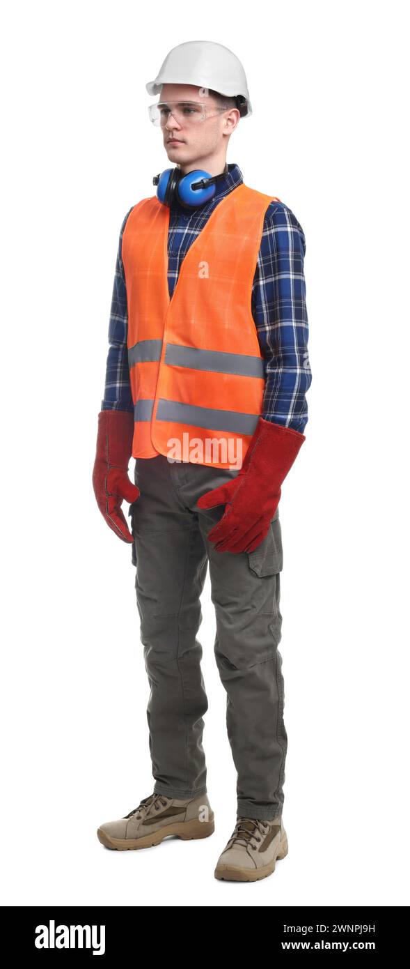 Young man wearing safety equipment on white background Stock Photo - Alamy