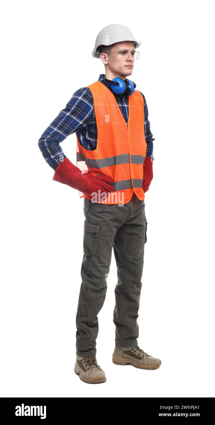 Young man wearing safety equipment on white background Stock Photo - Alamy