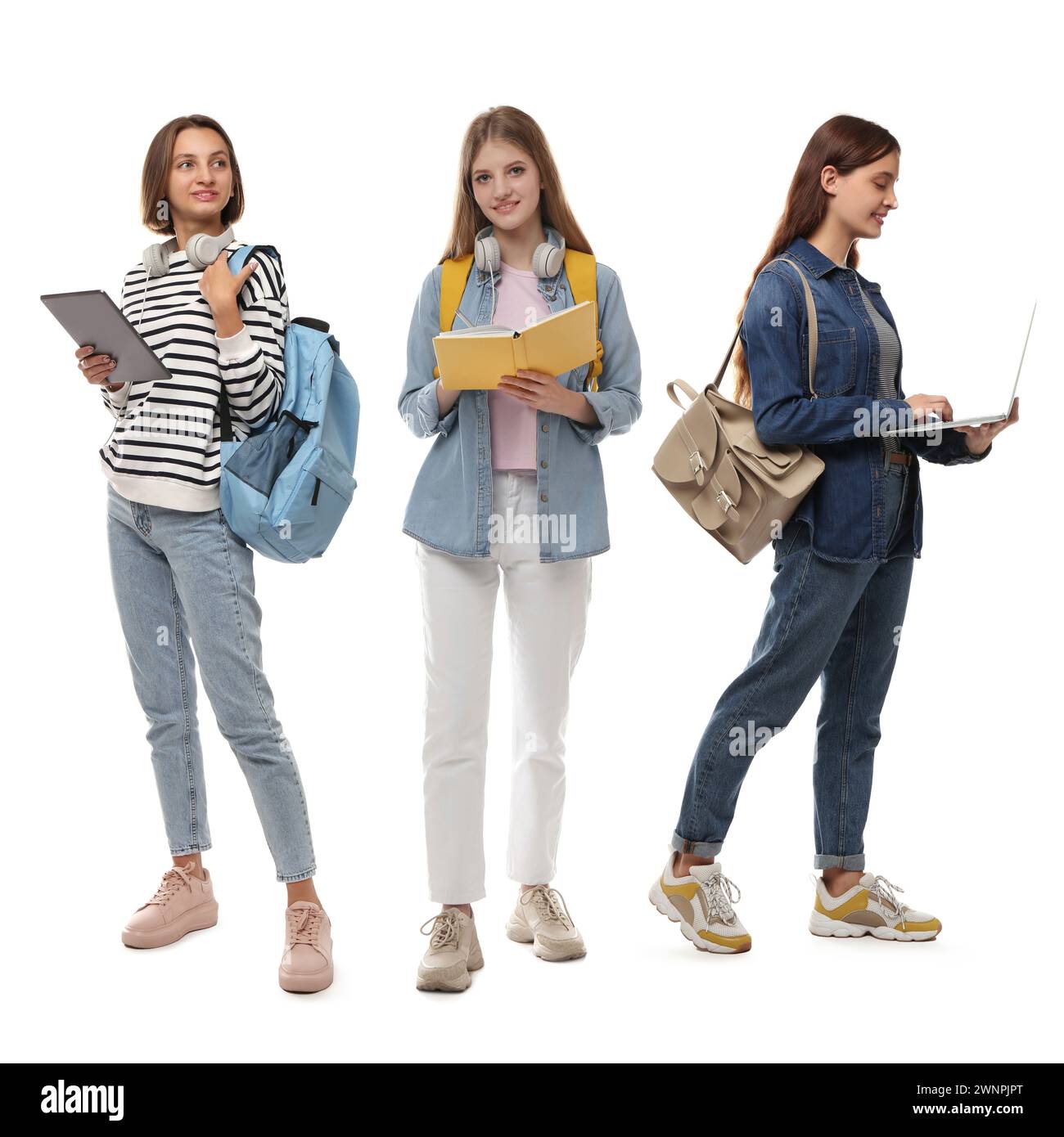 Group of happy students on white background Stock Photo - Alamy