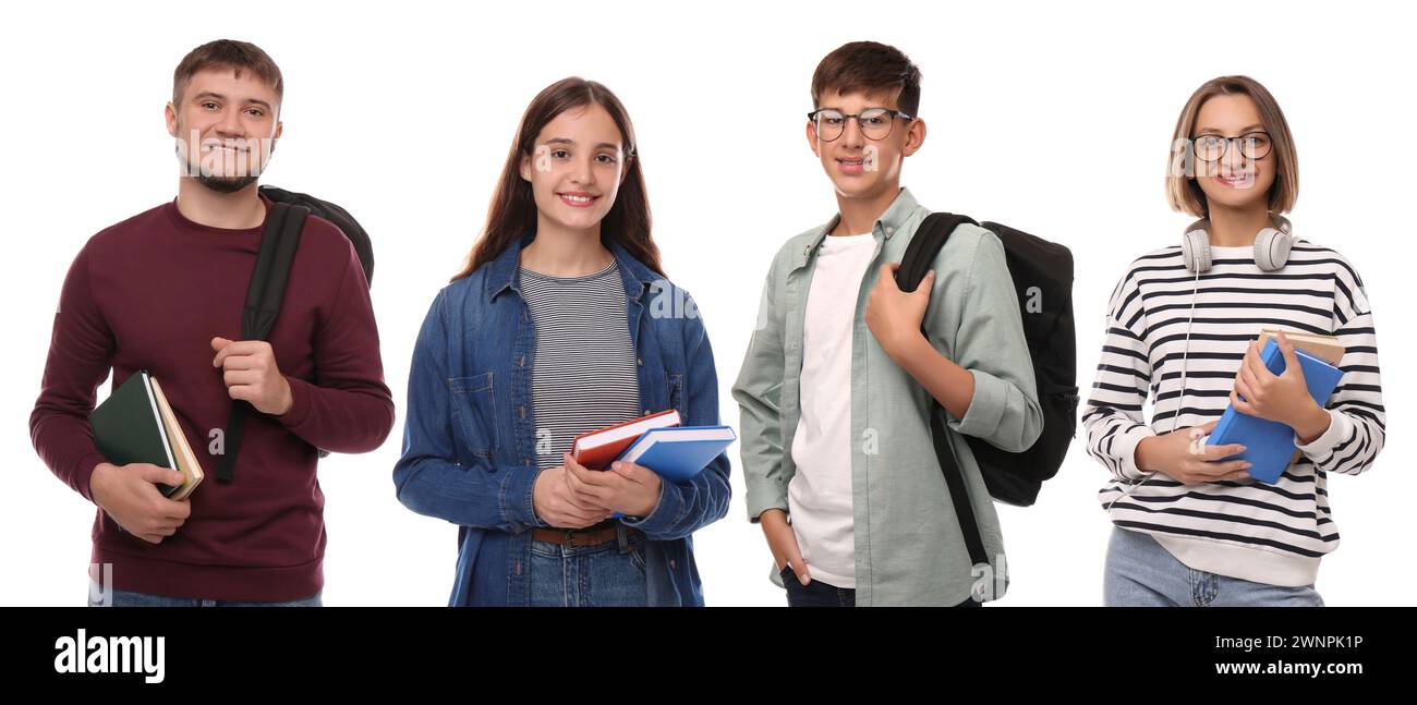 Group of happy students on white background Stock Photo - Alamy